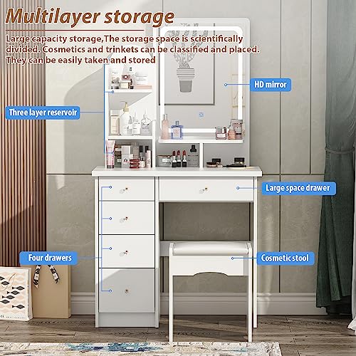 FUFU&GAGA Vanity Set with Mirror, Makeup Vanity Dressing Table with 5 Drawers, Shelves, Dresser Desk and Cushioned Stool Set (Lighted Mirror Vanity Set, 31.5" W x 15.7" D x 55.1" H)