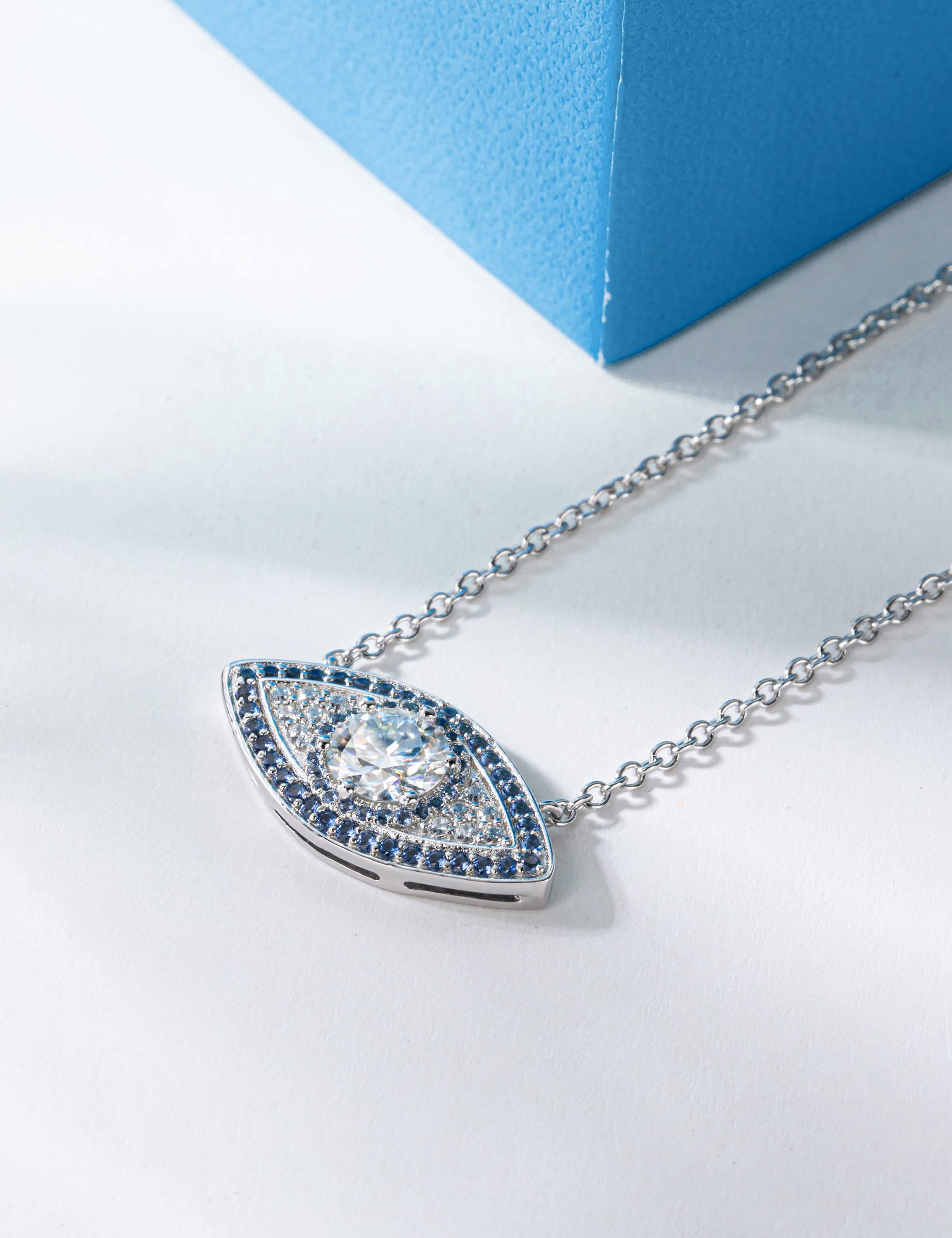 CannyCat Moissanite Evil Eye Pendant Necklace 1.2 CTTW D color VVS Moissanite and Sapphire Necklaces Lab Created Diamond Platinum Plated Sterling Silver Chain 16β+2β Lucky Gift for Women