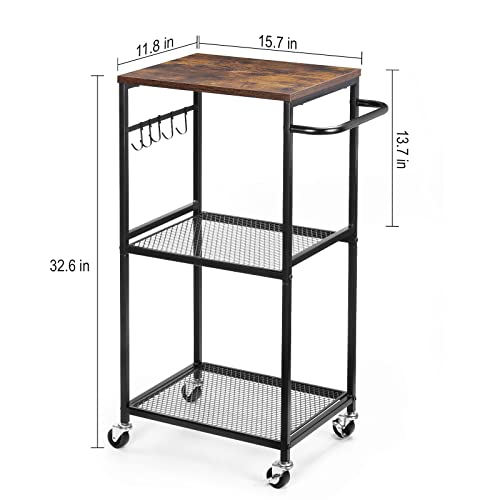 NANANARDOSO Kitchen Cart on Wheels, 3 Tier Mesh Utility Storage Cart, Wood Look Top and Metal Frame Rolling Pantry Cart for Kitchen, Living Room, Laundry Storage, Rustic Brown.