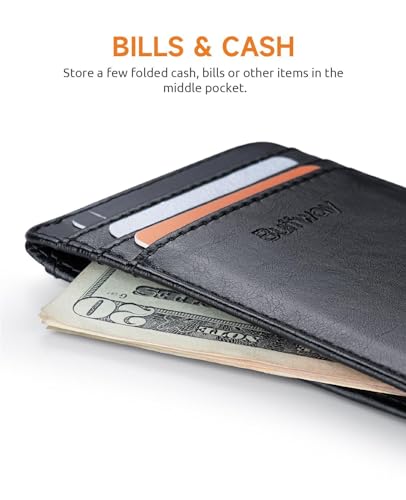 Buffway Mens Slim Wallet, Minimalist Thin Front Pocket Leather Credit Card Holder with RFID Blocking for Work Travel - Seattle Black