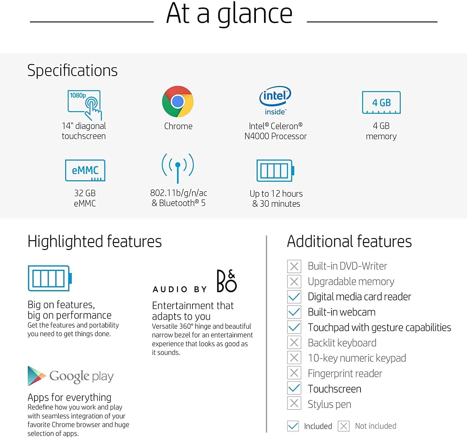 HP Chromebook X360 2-in-1 14.0β HD (1366 x 768) Touch-Screen Portable Laptop, Intel Celeron Processor N4000, 4GB Memory, 32GB eMMC Flash Memory, Webcam, Wi-Fi, Chrome OS, White