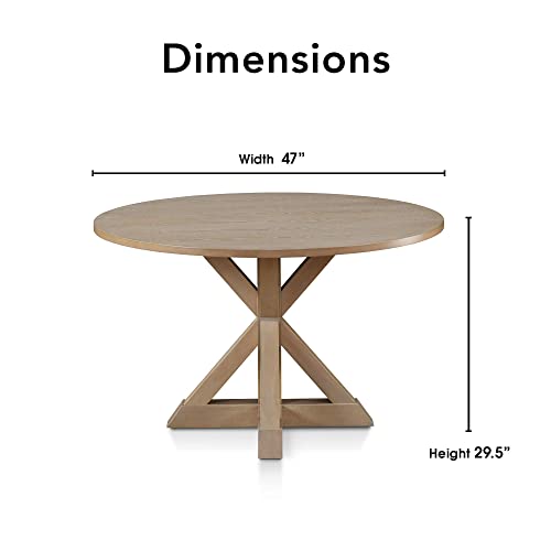 Finch Alfred Round Solid Wood Rustic Dining Table for Farmhouse Kitchen Room Decor, Wooden Trestle Pedestal Base, 46.5" Wide Circular Tabletop, Distressed Beige