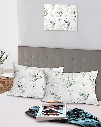 Edwiinsa Tropical Leaves Pillow Covers King Standard Set of 2 20x36 Bed Pillow, Summer Teal Leaf Spring Floral Rustic Plush Soft Comfort for Hair/Skin Cooling Pillowcases with Envelop Closure