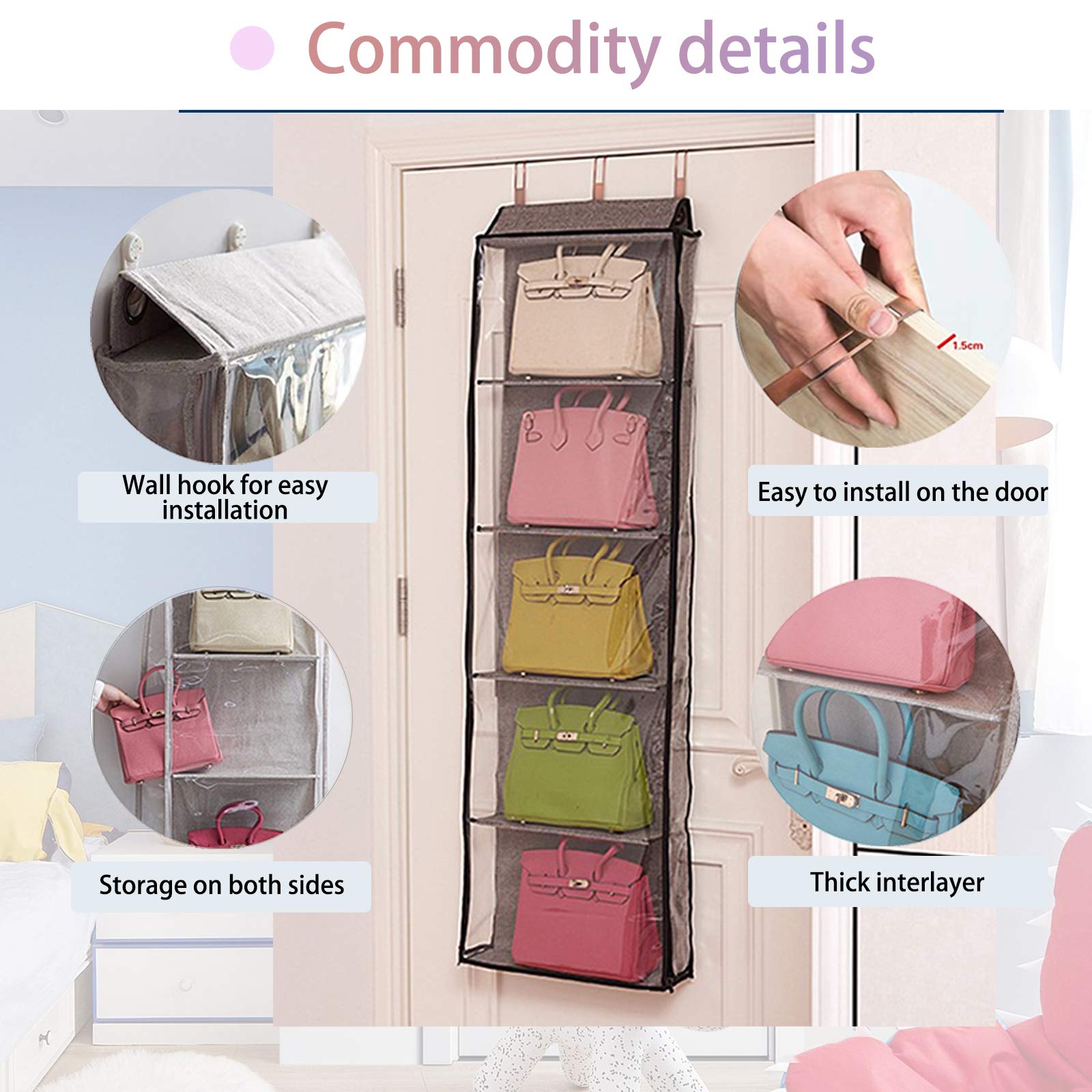 Handbag Organizer Storage Purse Bag Hanger with 4/5 Easy Access Deep Pockets Fully Sealed with Zipper dust-Proof for Closet Wall…(Gray, 4 Pockets)