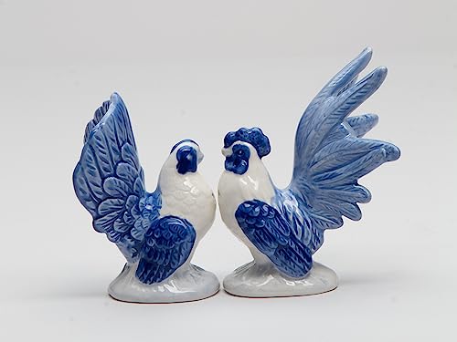 Fine Ceramic Dutch Blue Country Farmhouse Rooster & Hen Salt & Pepper Shakers Set, 3-1/2" H