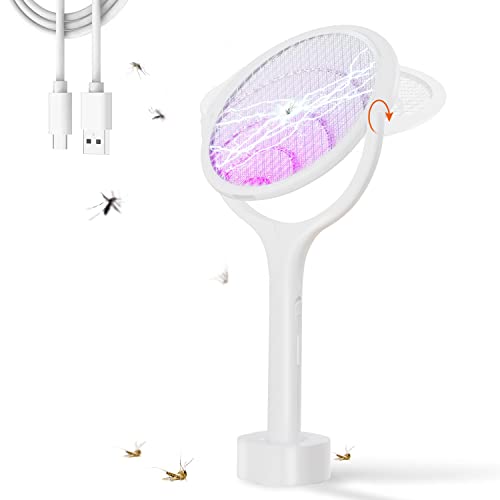 Dailytop Electric Fly Swatter, Rotatable Indoor Bug Zapper Racket, USB-C Rechargeable Mosquito Killer, 3500V High-Voltage Mosquito Zapper with UV Light, Standing Base, and Wall Mount