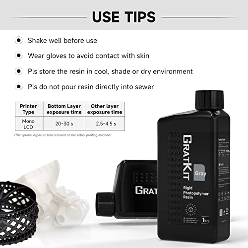 GratKit 8K Rigid Resin, 3D Printer 405nm UV-Curing Photopolymer Resin, High Precision Low Odor 3D Printing Resin - 1000g,Gray