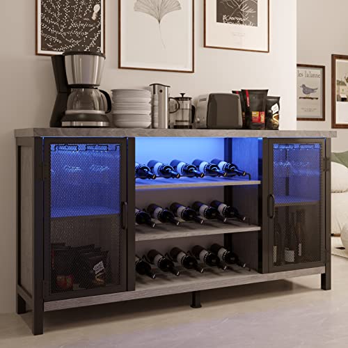 LED Wine Bar Cabinets for Home – Industrial Liquor Cabinet Bar with 2 Hinged Doors, Adjustable Wood and Steel Bar Table with Bottles Rack, Kitchen Farmhouse Coffee Bar, Living Room Furniture, Grey