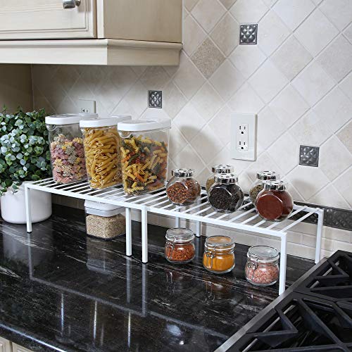 Smart Design Premium Extendable Storage Shelf – Lengthen from 16 to 32.5 in., White – Steel Pantry Organizer with Rust-Resistant Finish and Non-Slip Feet for Easy Home Organization and Storage