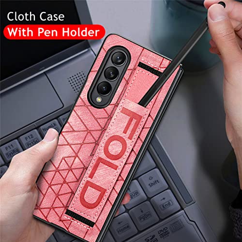 Omio Designed for Samsung Galaxy Z Fold 3 Leather Case with S Pen Holder & Strap, Wrist Strap Leather Back Cover Case Hard PC Shockproof Finger Grip Case for Galaxy Z Fold 3 Men Women Girls, Pink