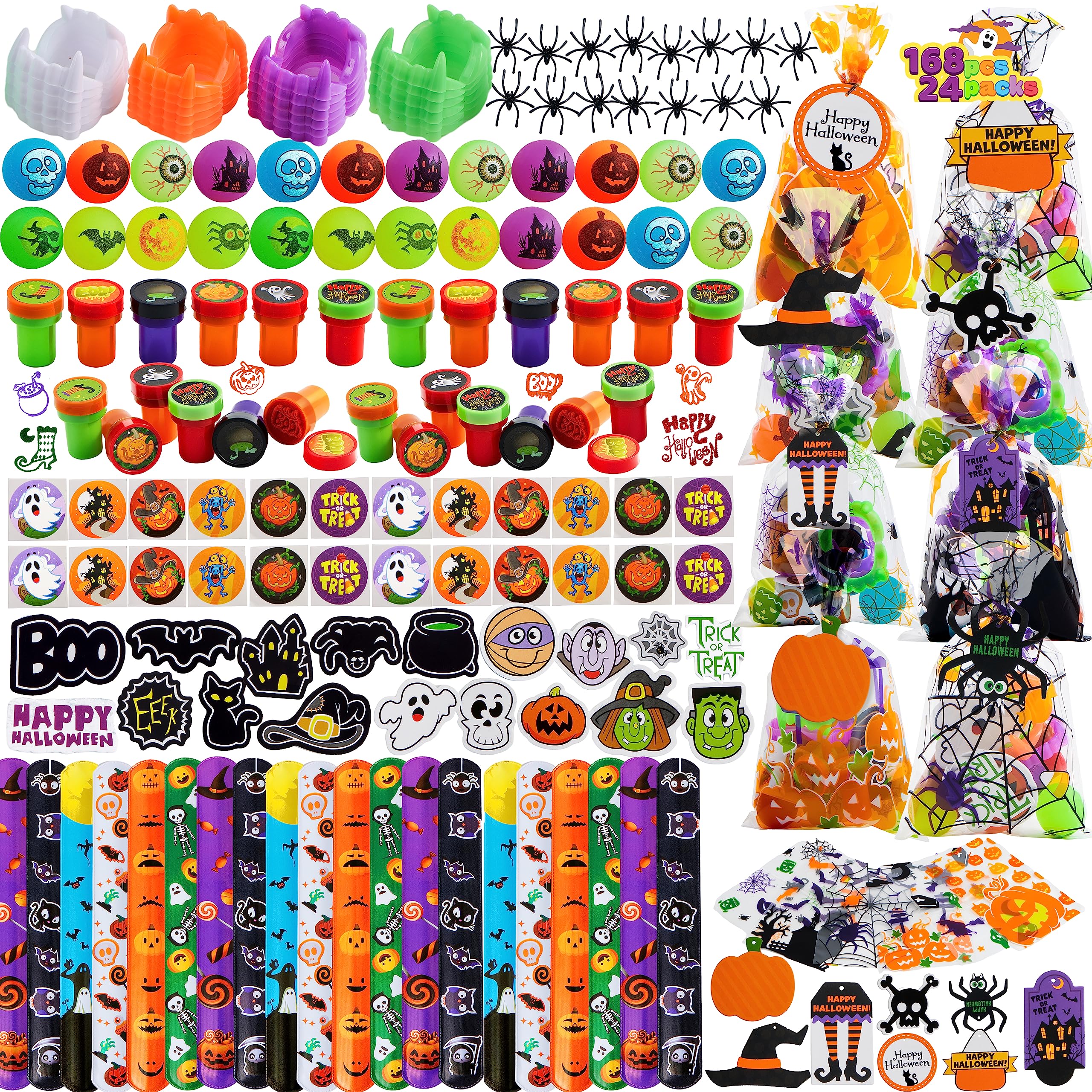 JOYIN 168 Pcs Halloween Stationery Set, 24 Pack Goody Bags with Halloween Tag Including Vampire Teeth, Spiders, Stamps, Stickers, Slap Bracelets for Kids Trick or Treat, Party Favor