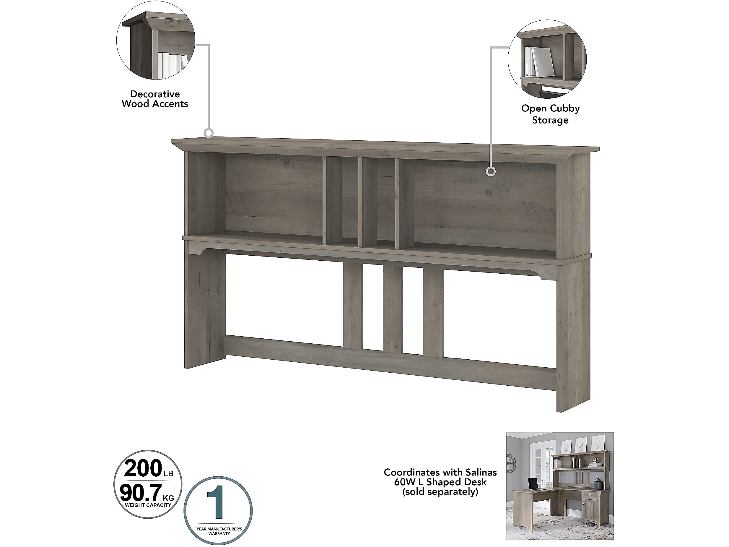Bush Furniture Salinas Hutch, Desk Attachment with Shelf Storage for Home Office, 60W, Driftwood Gray