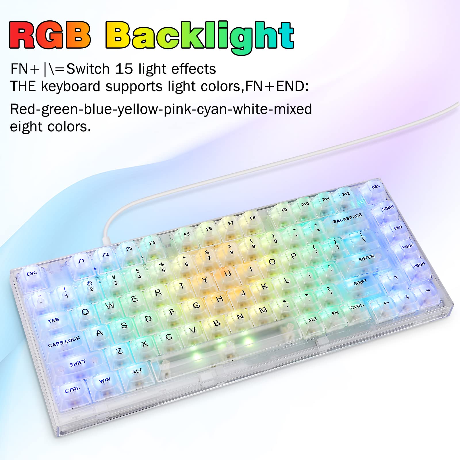 CHICHEN Mechanical Gaming Keyboard,Cool RGB Backlit Compact 82 Clear Keycaps,Hot Swappable 80% Keyboard with Ice Switch,Wired Transparent Keyboard for Windows/Mac (Transparent White)