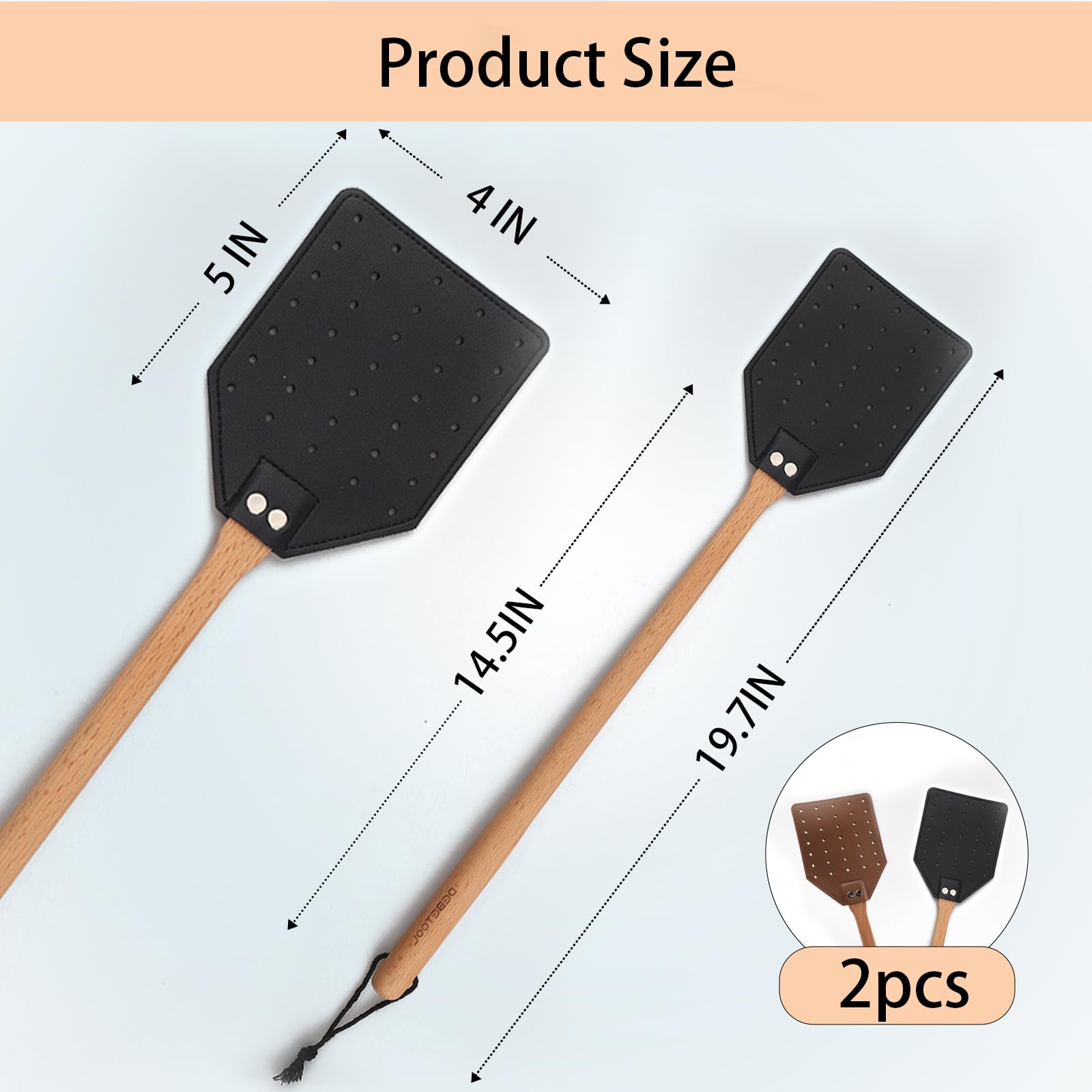 DEBETOOL 2 Pack Sturdy Leather Fly Swatter for Indoors - (19.7β)Long Handle Heavy Duty Wood Fly Swatter With Hanging Rope, Durable Fly Swatter for Outdoor Rustic Bug Swatter Flies,Mosquitoes And Bees