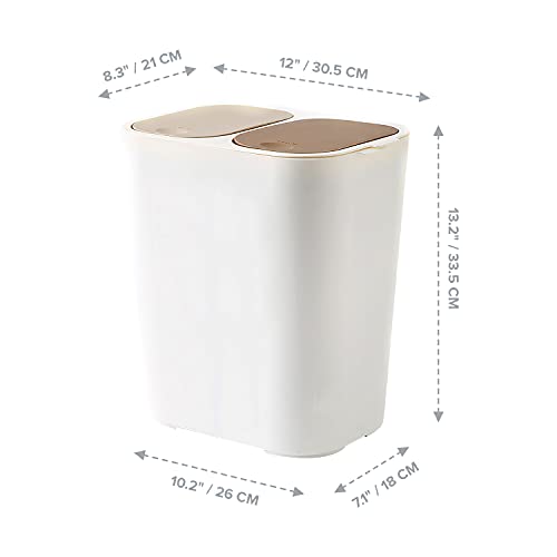Dual Compartment Trash Can - Nordic Style Trash and Recycling Combo - Double Trash Can with Separate Pop Up Trash Bin Lids - Slim Garbage Can - Kitchen Recycle Bin - 10.2x7.1x13.2in White Trash Can