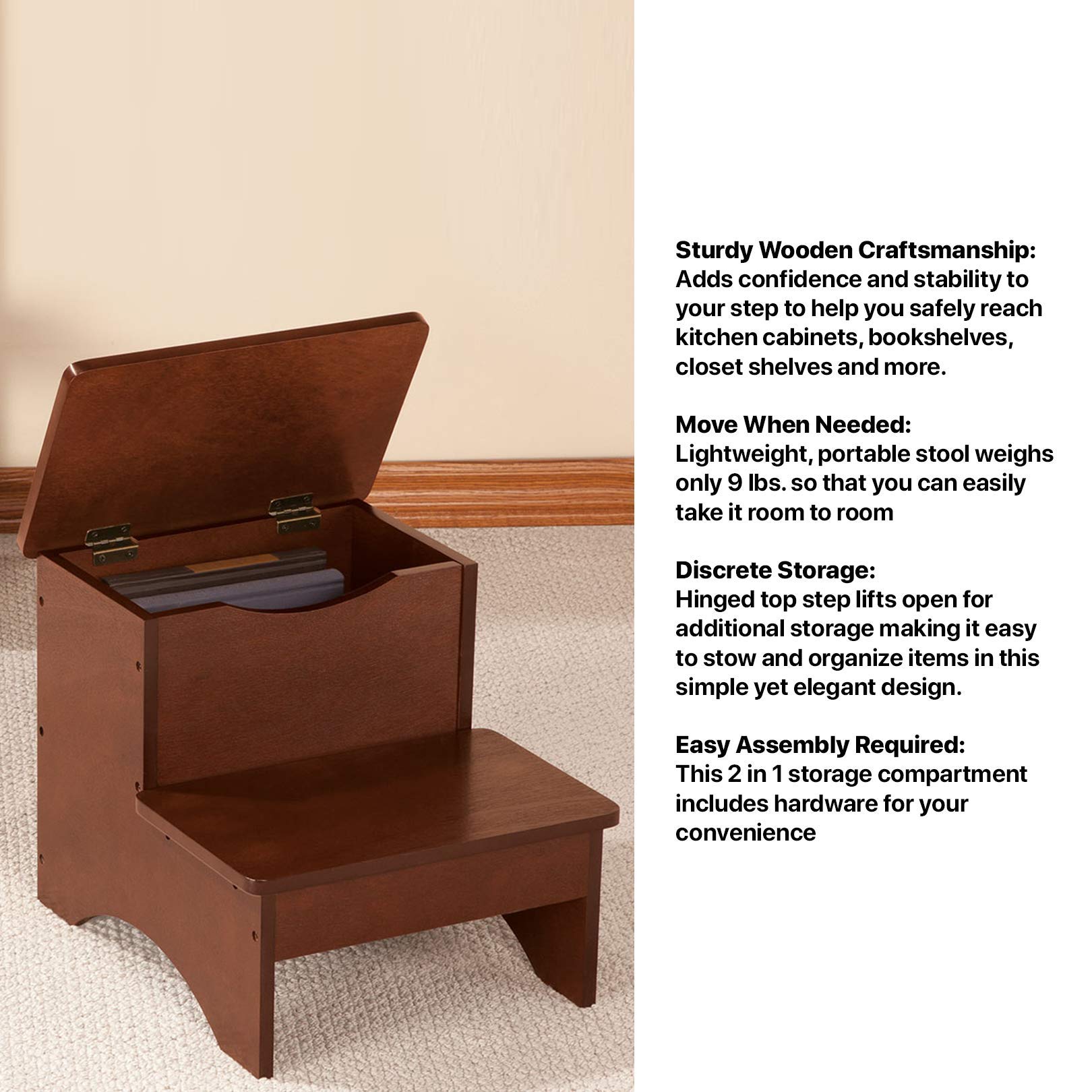 Fox Valley Traders 2 Step Wooden Step Stool with Hidden Storage by Oakridge, 15" W x 12 3/4" D