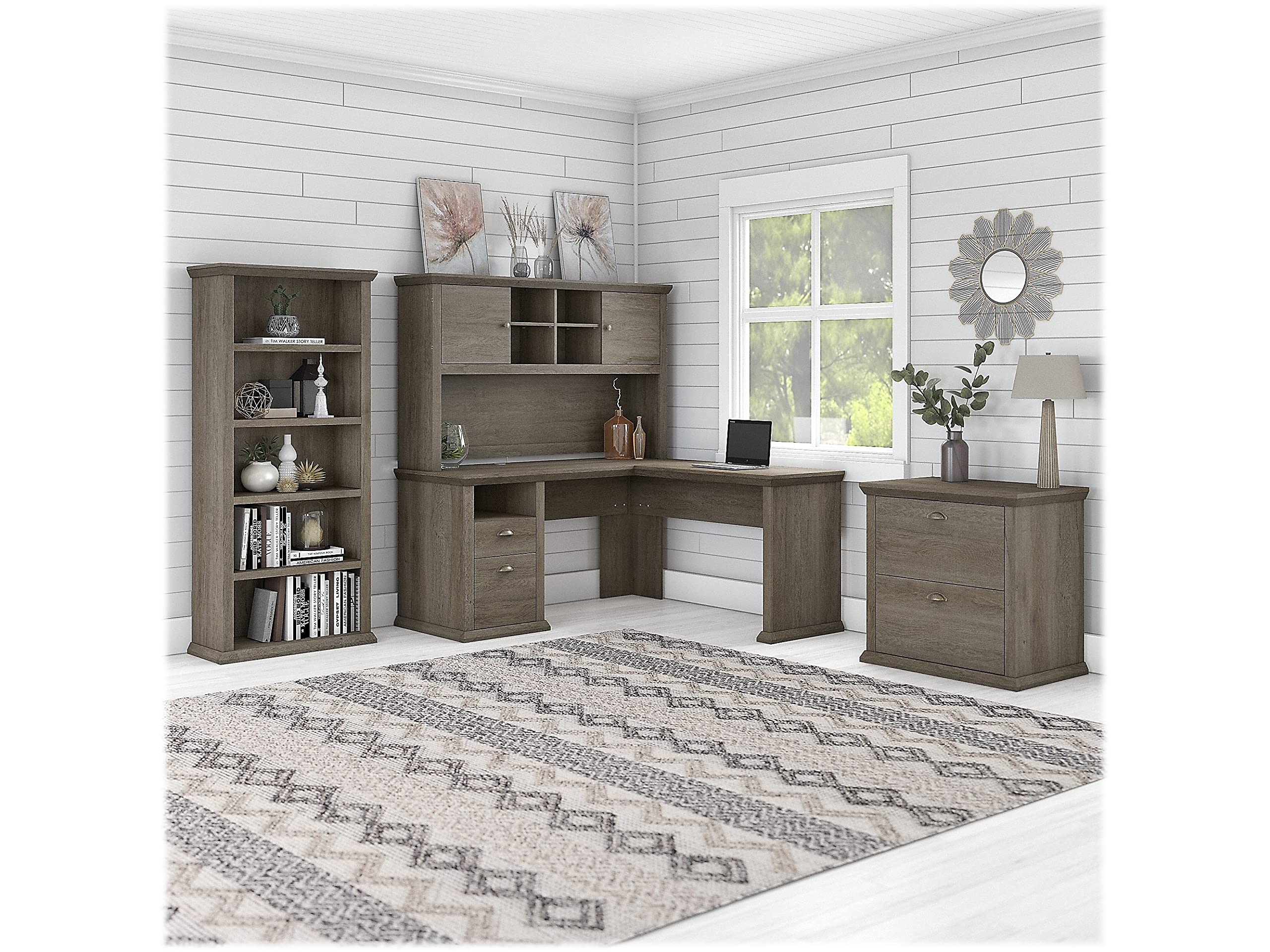 Bush Furniture Yorktown L Shaped Desk with Hutch, Lateral File Cabinet and 5 Shelf Bookcase, 60W, Restored Gray