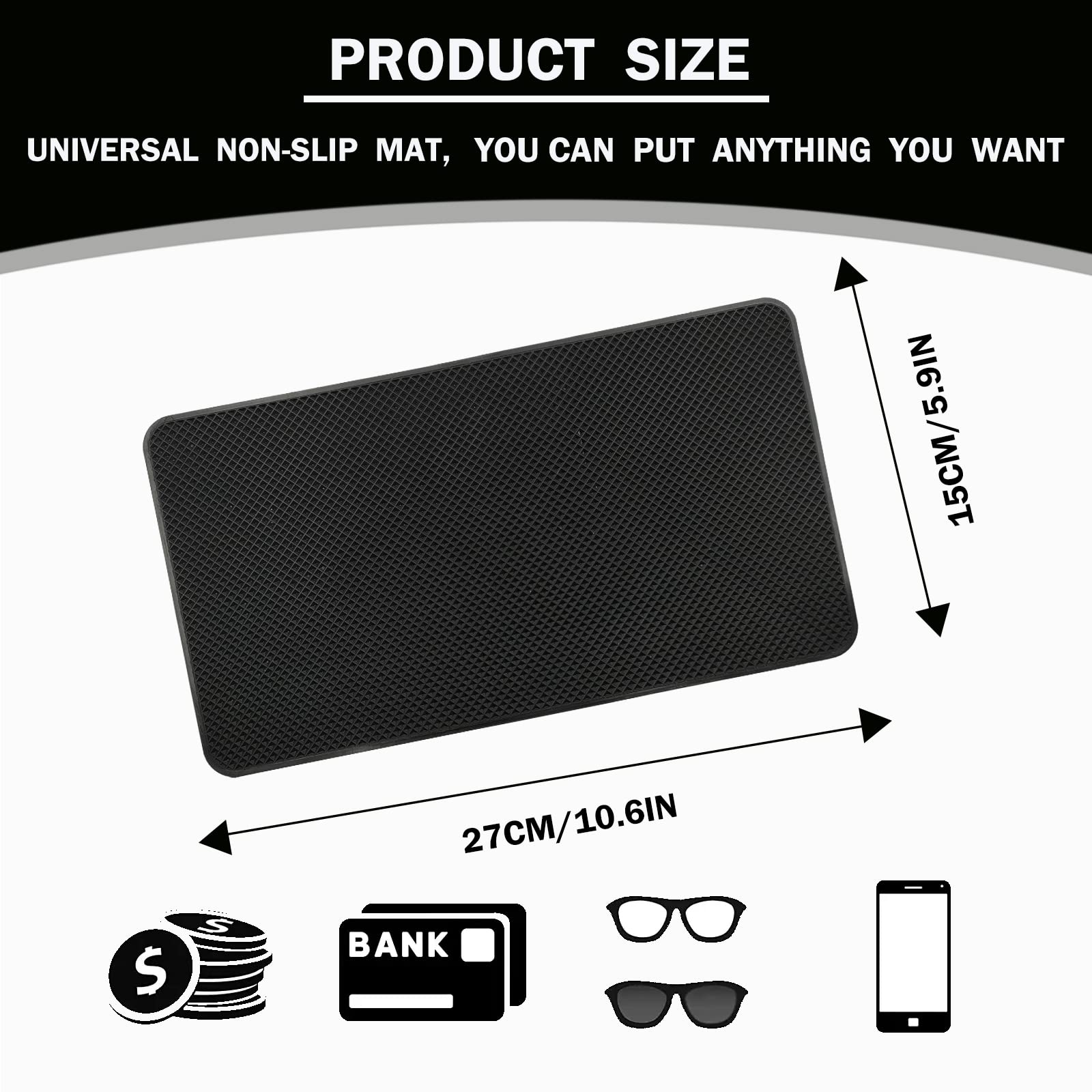 Car Dashboard Anti-Slip Rubber Pad, 10.6 x 5.9 Universal Non-Slip Car Magic Dashboard Sticky Adhesive Mat for Cell Phones, Sunglasses, Keys, Coins and More (Black/Grid)