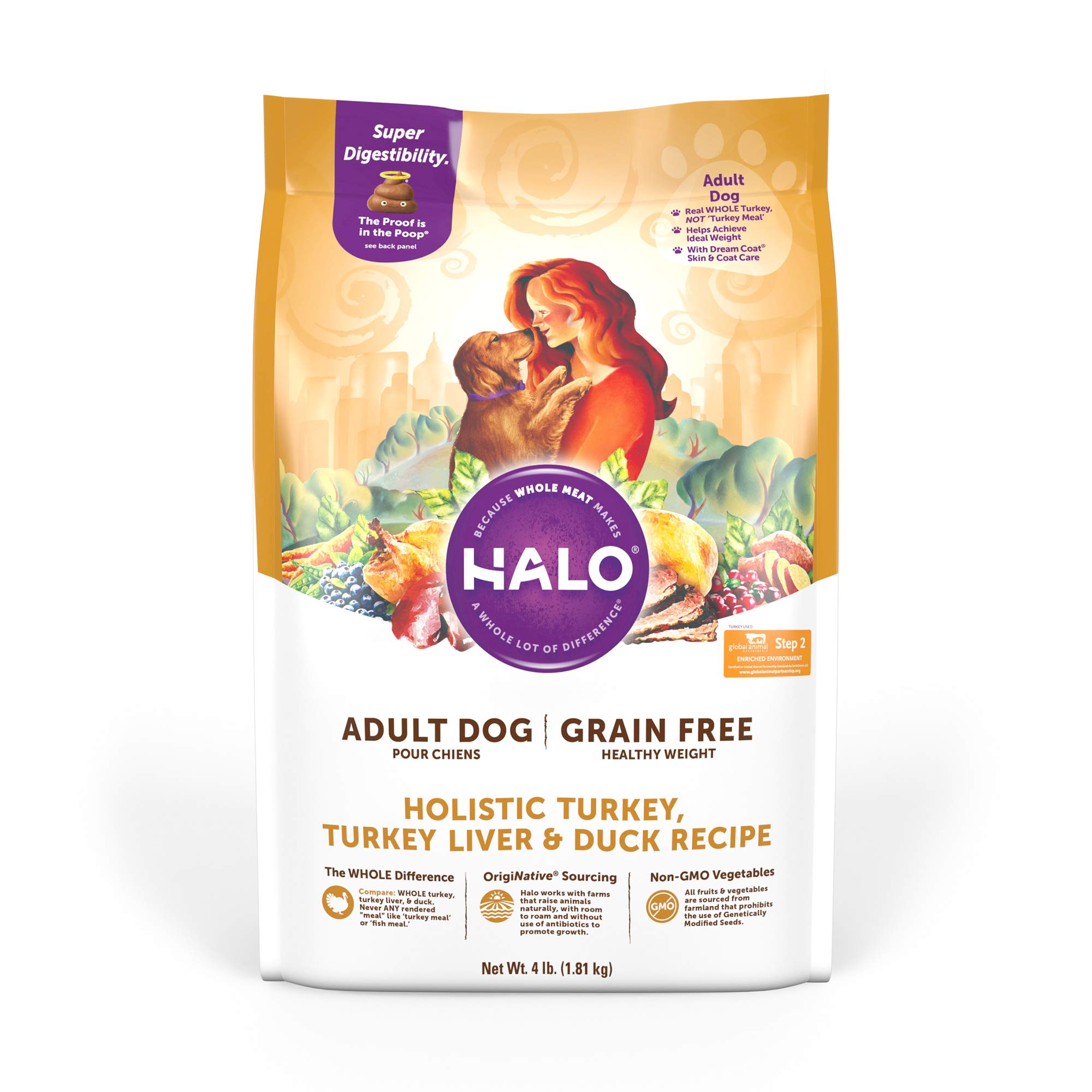 Halo Holistic Dog Food, Grain Free Turkey, Turkey Liver, & Duck, Dry Dog Food Bag, Healthy Weight Adult Formula, 4-lb Bag