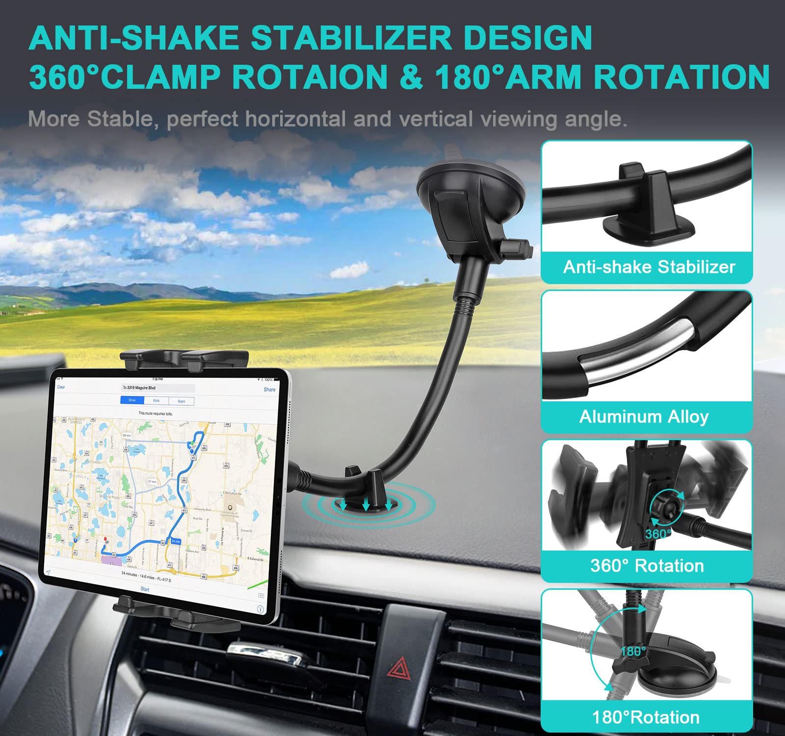 Car Dashboard Windshield Tablet Mount, 13" Long Arm Gooseneck, 360° Flexible Window Suction Cup Holder for Truck SUV, for iPad Pro 12.9/11/10.5/9.7/Air/Mini 6 5 4, Samsung Galaxy, 4.7"-12.9" Tab&Phone