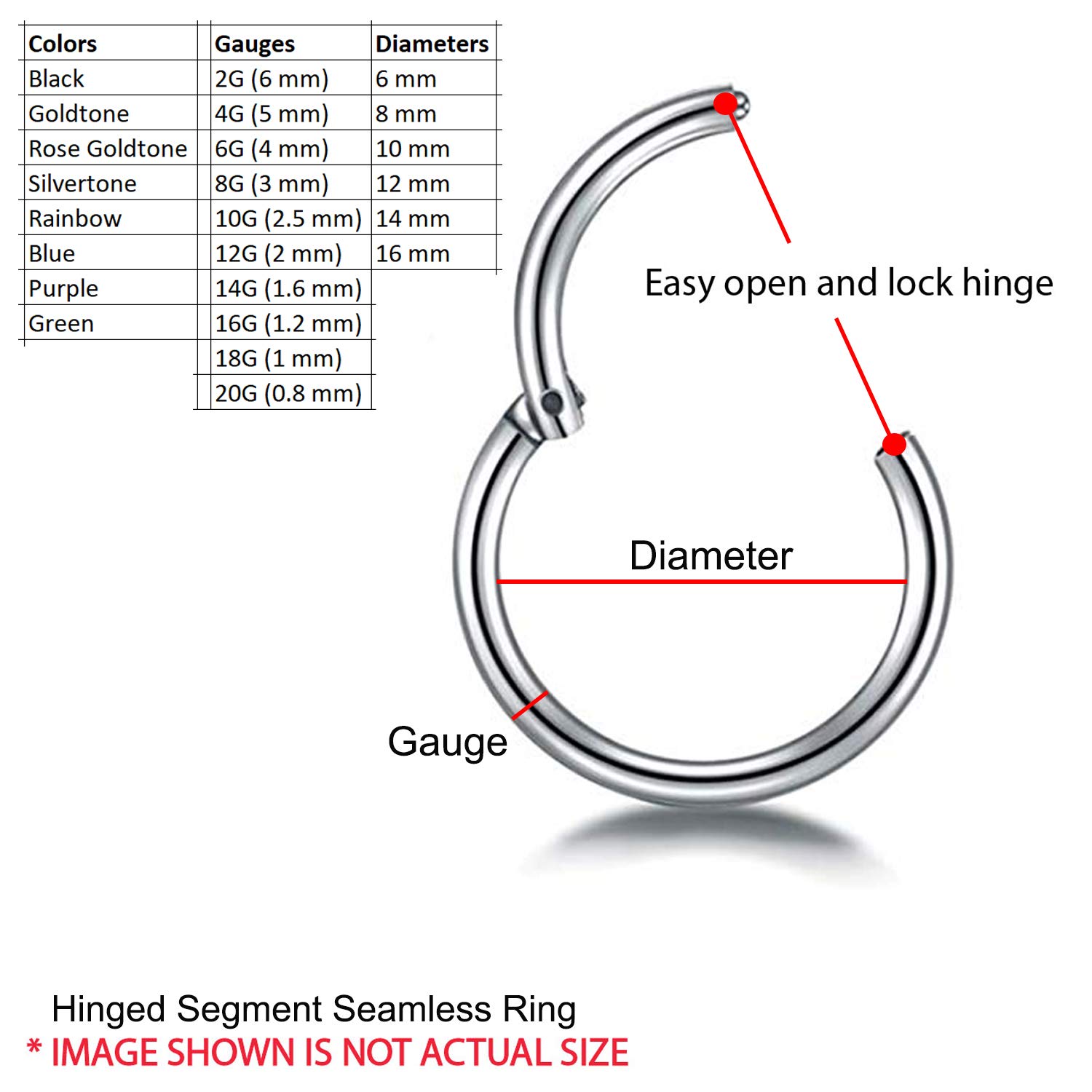 BodyJ4You Piercing Ring Hinged Segment Clicker 14G Hoop Earrings 16mm Surgical Steel Ear Lobe Nipple Genital