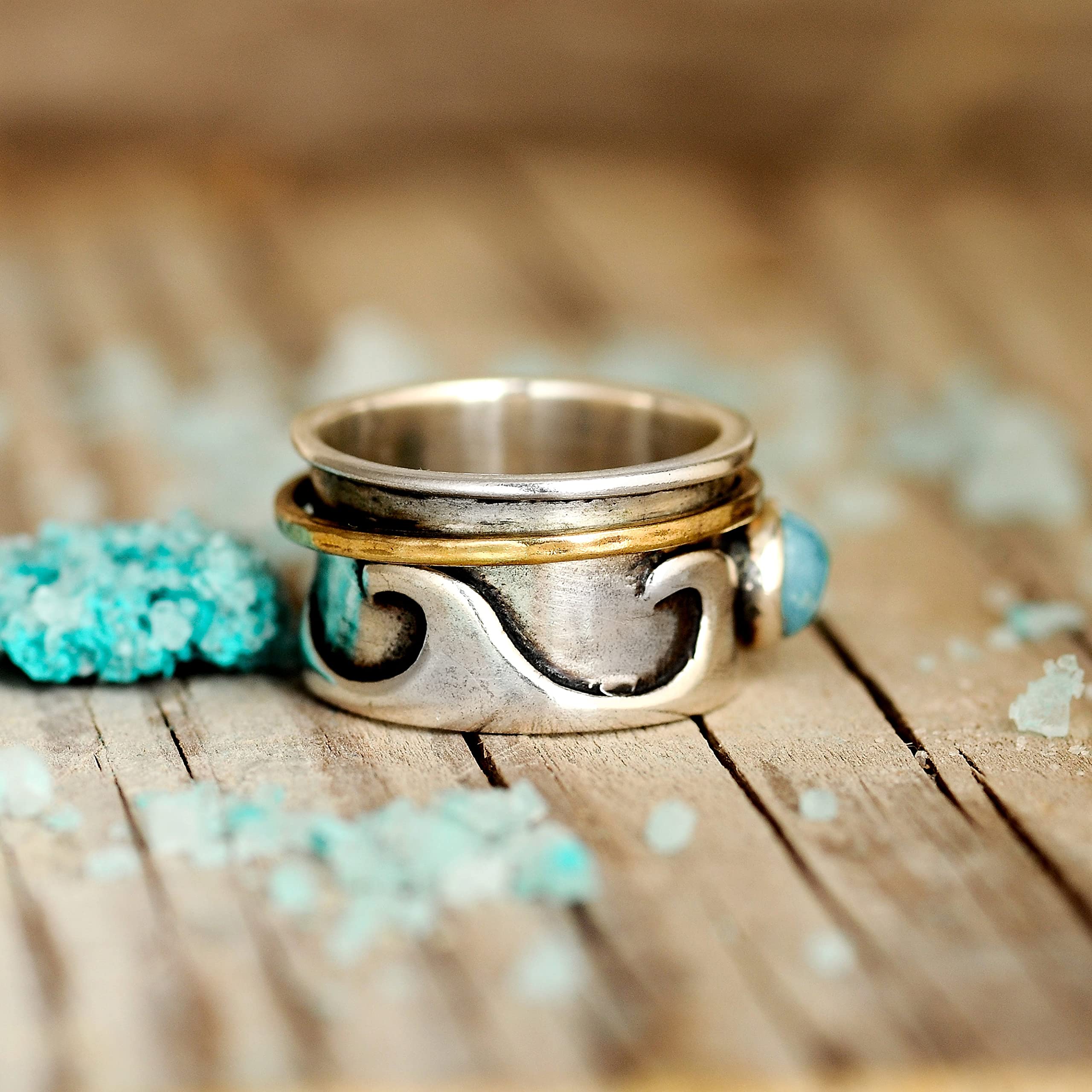 Boho-Magic 925 Sterling Silver Spinner Larimar Wave Ring for Women with Brass Fidget Ring Band (11)