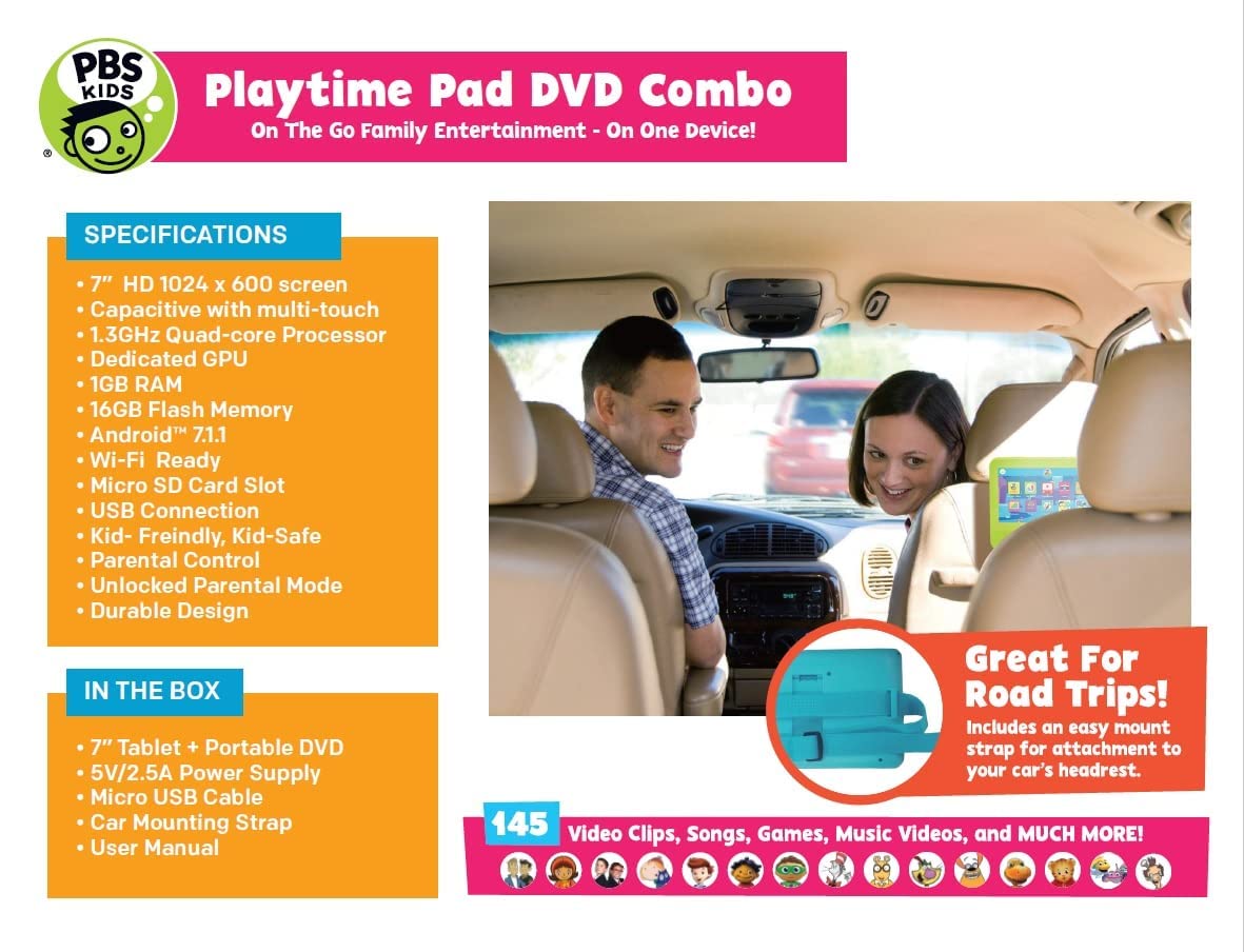 Ematic PBS Playtime Tablet DVD Player Android 7.0 Nougat 7" Touchscreen Tablet and Portable DVD Player Combo