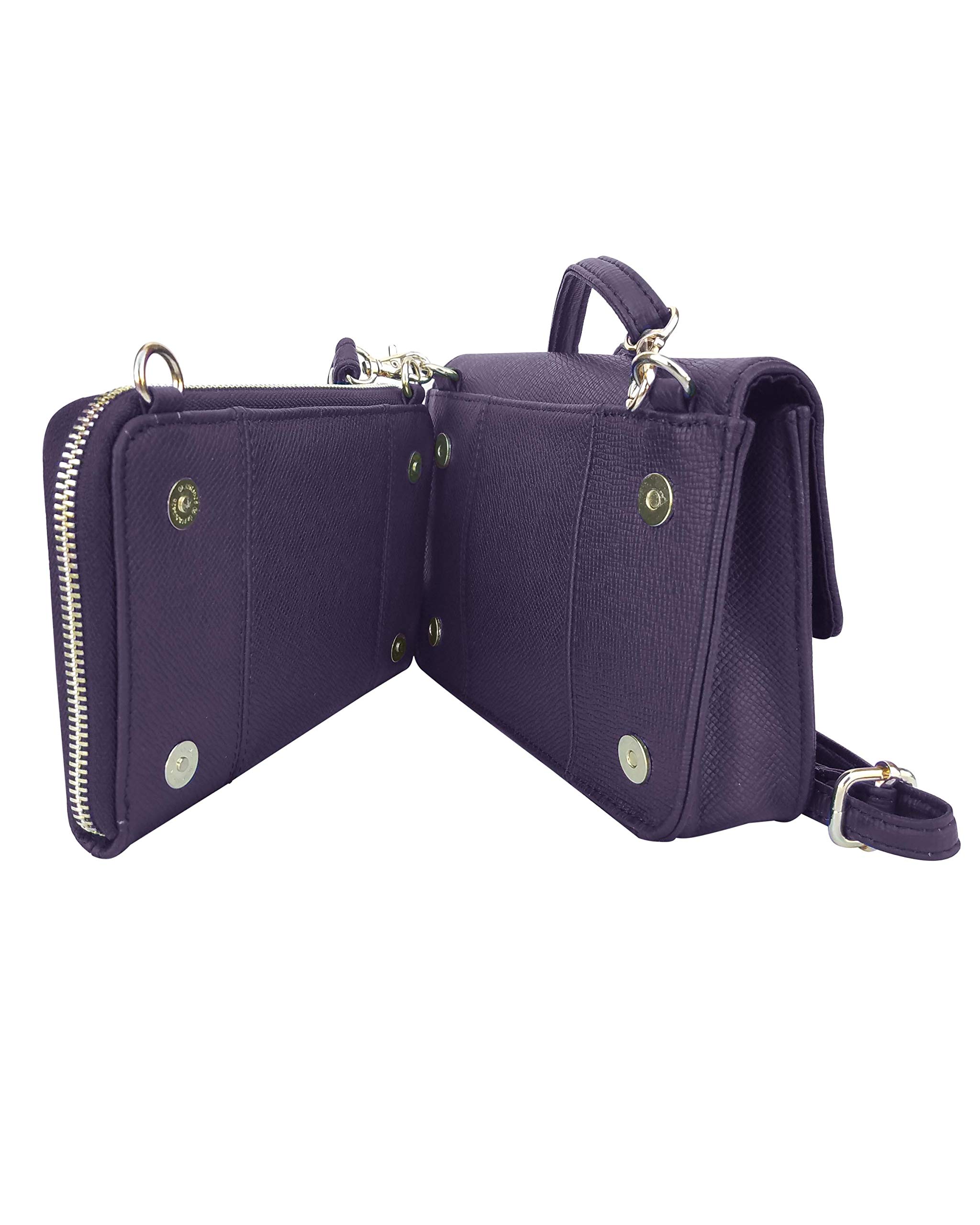 Roma Leathers Mini Leather Cross Body Purse - Premium Purple Embossed Cowhide Leather - Backside Detachable Wallet - Adjustable and Removable Shoulder Strap - Designed in USA