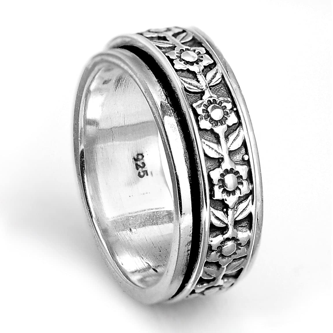 Boho-Magic 925 Sterling Silver Flowers Spinner Fidget Ring for Women (7.5)