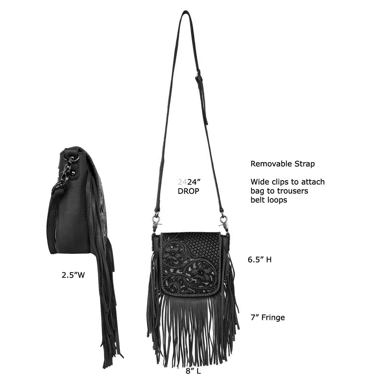 Montana West Handcrafted Leather Convertible Clutch Crossbody Handbag Biker Bag w Fringe (Black Studded w Buckle)