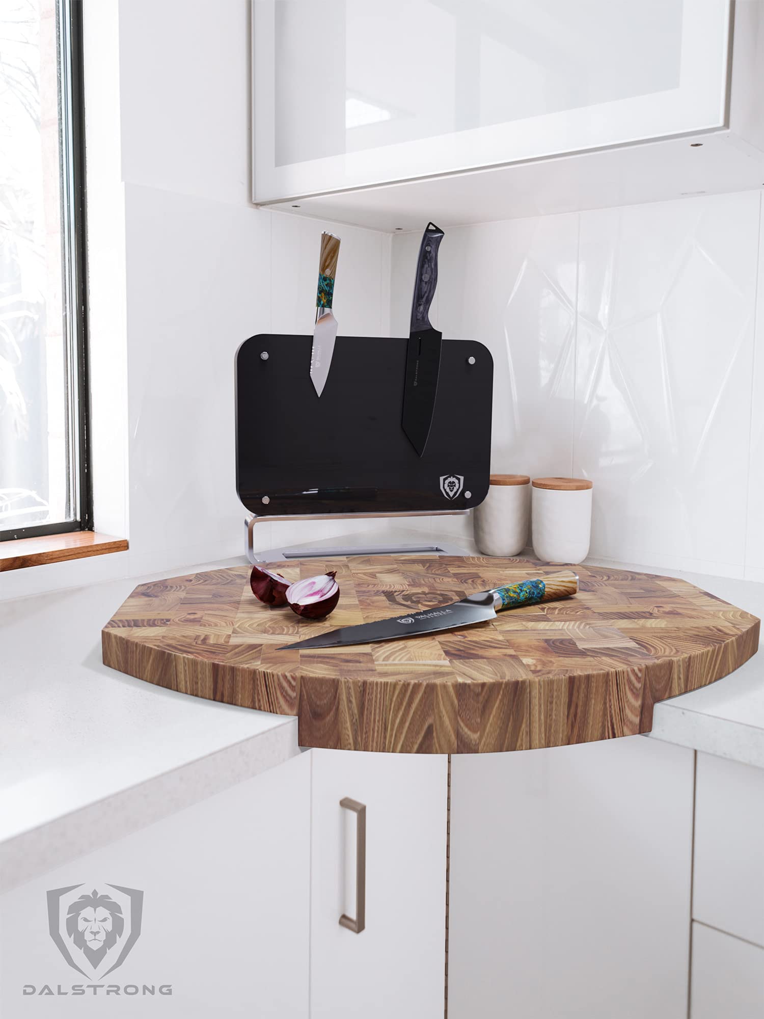 DALSTRONG Corner Counter Cutting Board - Lionswood End-Grain Teak Wood bundled with Slicing & Carving Knife - 12" - Offset Blade - Shadow Black Series