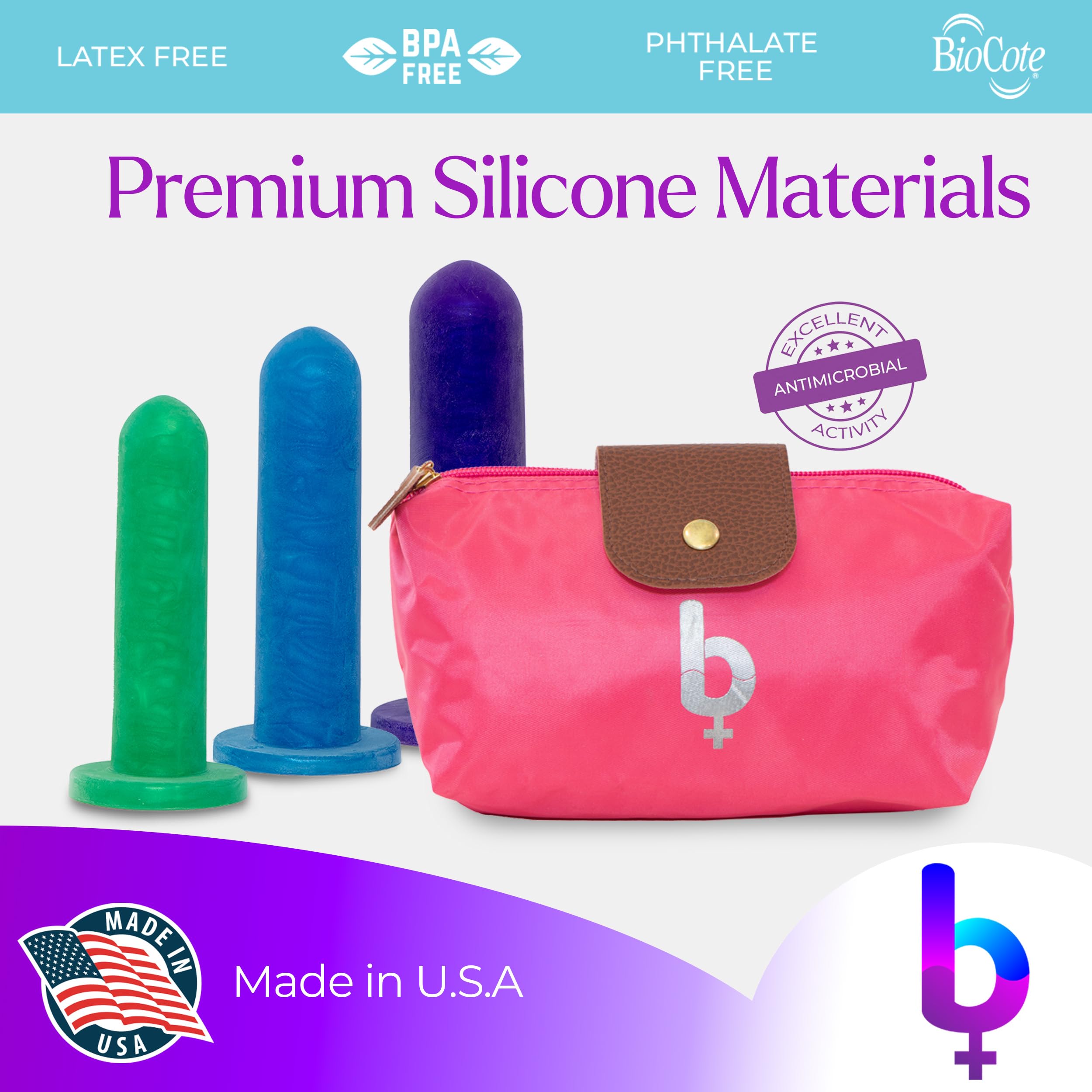 BioMoi Silicone Pelvic Dilator Kit | Pelvic Equipment for Stretching | Comfortable Pelvic Floor Muscle Trainer | BioCote Protected | with Bag | Large Set | (Pack of 3)