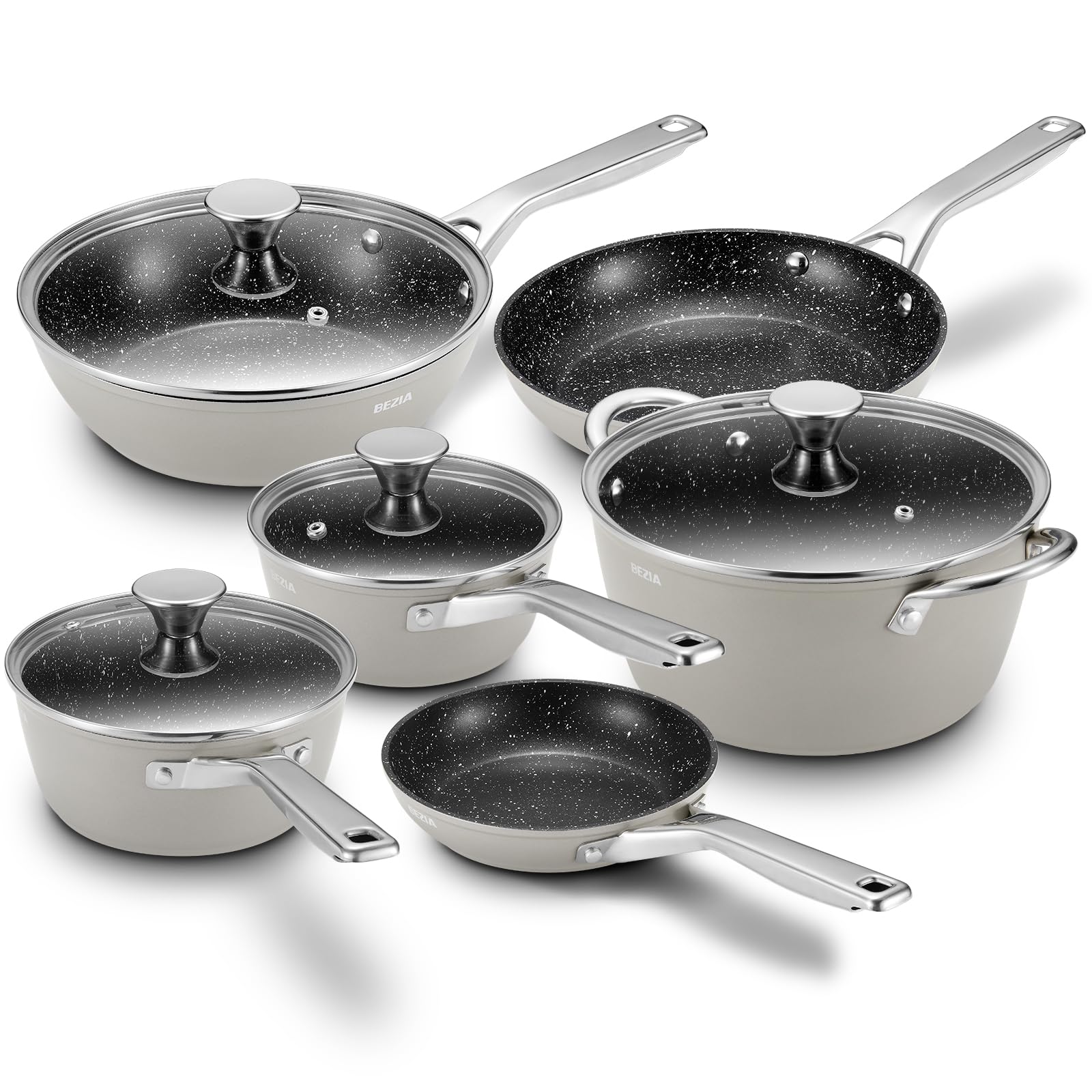 BEZIA Pots and Pans Set Nonstick, Induction Cookware Sets 10 Piece, Compatible with All Stoves, Dishwasher Safe Kitchen Cooking Pan Set with Frying Pans, Saucepans & Stockpot, Grey