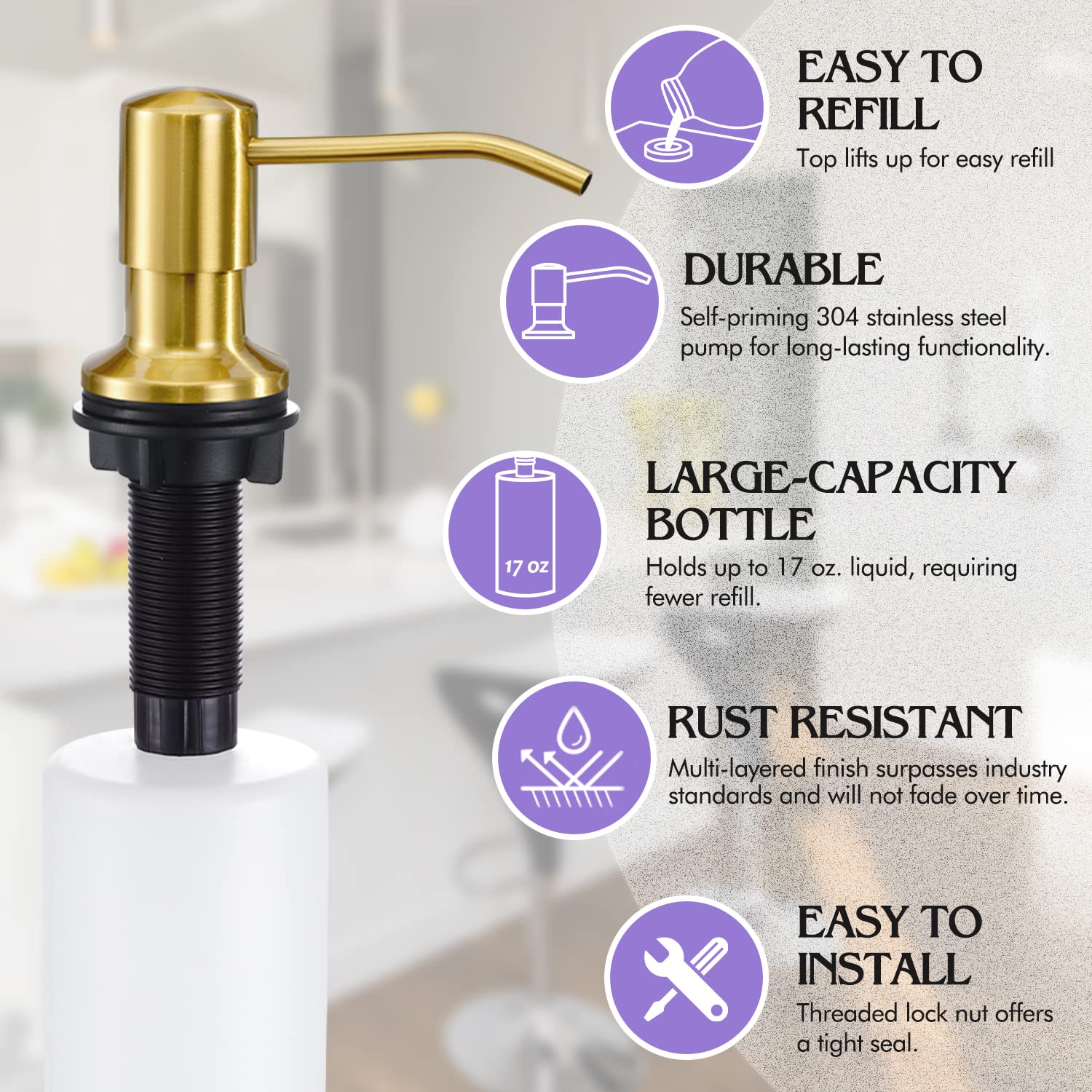 Built in Soap Dispenser for Kitchen Sink, Stainless Steel (Gold), Pump Set for Dish Soap or Lotion, Refill from The Top, Sink Soap Dispenser for Countertop, 17 OZ Large