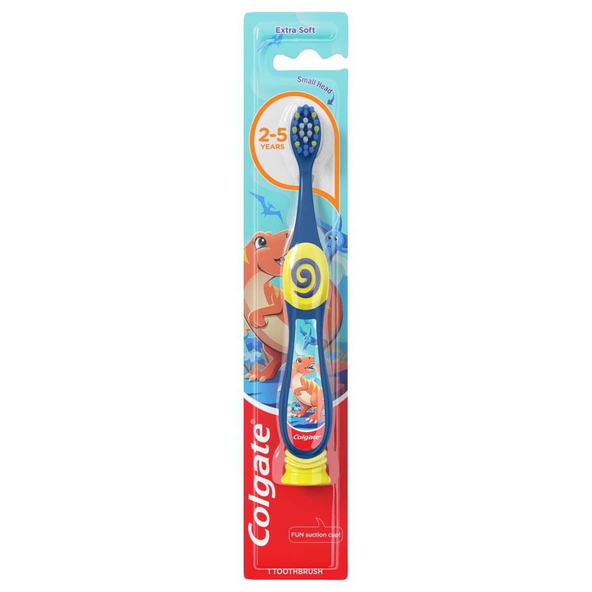 Colgate Dinosaur Toothbrush for Children with Suction Cup, Kids 2-5 Years Old, Extra Soft - Pack of 3