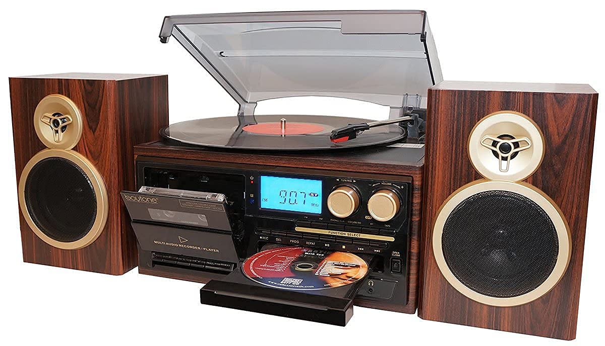 Boytone BT-28SPM, Bluetooth Classic Style Record Player Turntable with AM/FM Radio, CD / Cassette Player, 2 Separate Stereo Speakers