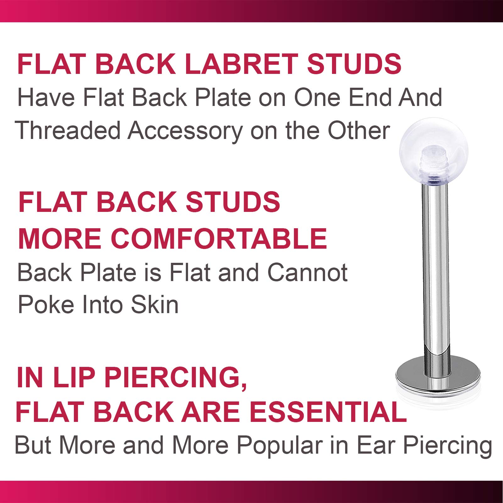 bodyjewellery 2pcs 16g Labret Lip Stud Monroe Cartilage Tragus Helix Earring Snake Bites Conch Spider Bites Piercing Clear Ball - 10mm
