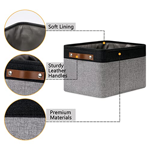 DULLEMELO Canvas Storage Bin with Handles, Fabric Bins for Shelves, Bedroom, Office,Nursery,Fabric Storage Baskets for Toys, Clothes,Gift(Black&Grey,15"x11"x9.5",4-Pack)