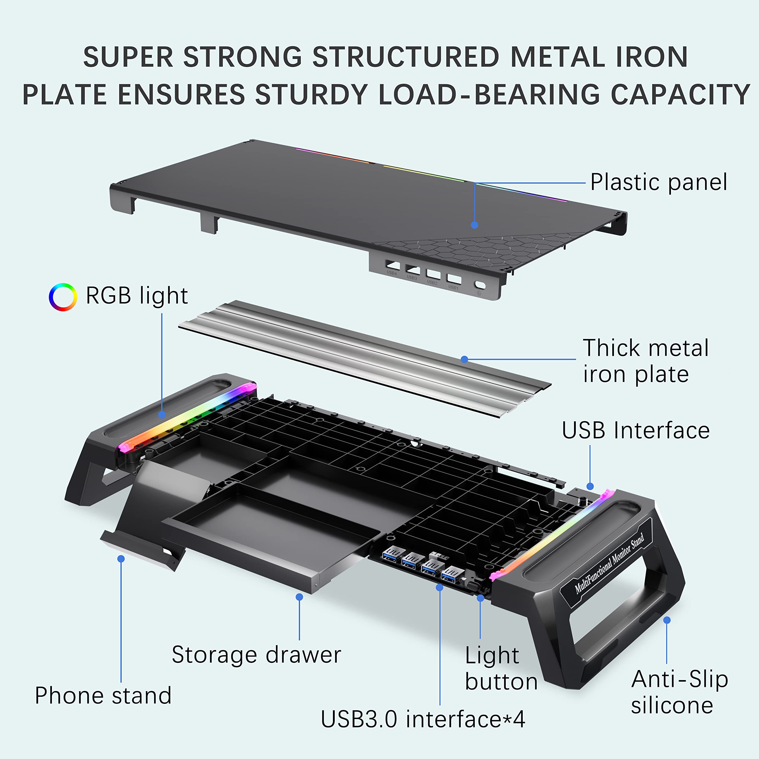 MOOJAY Monitor Stand for Desk RGB Gaming Lights with 4 USB 3.0 Hub