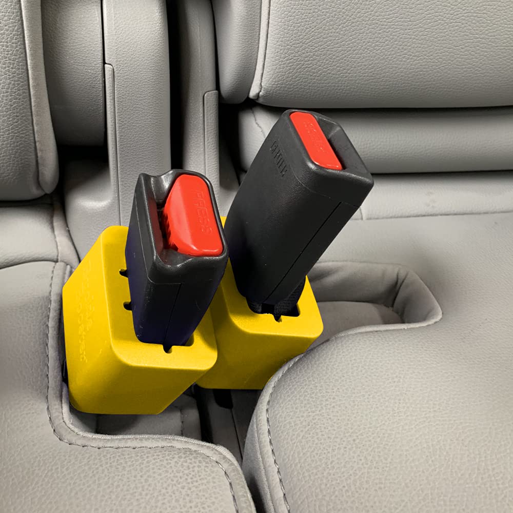 BPA-FREE Car Seat Belt Buckle Booster Yellow - Keeps Your Receptacle Stable & Upright – with Kid Safety Sticker Set Gift (2-Pack, Combo Pack (1 Tall + 1 Short))