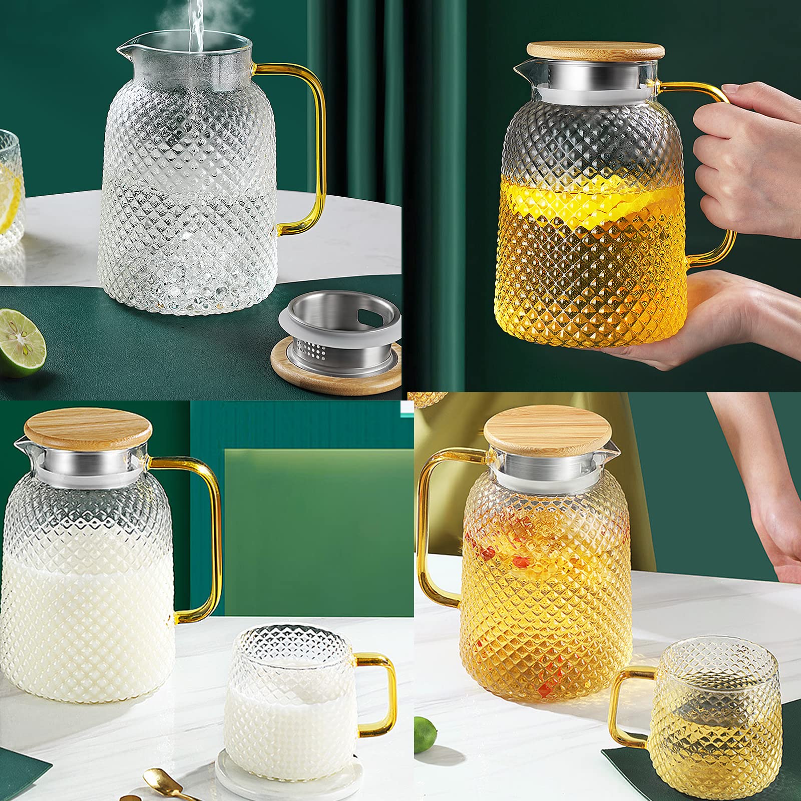 BPFY 1 Pack 60oz Glass Pitcher, Glass Pitcher with Lid and Spout, Glass Water Pitcher, Iced Tea Pitcher for Fridge, Glass Carafe for Cold or Hot Beverages,Glass Jug for Water, Sun Tea, Milk