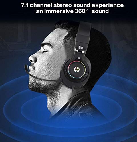 HP USB PC Gaming Headset with Microphone. 7.1 Surround Sound, RGB LED Lighting, Noise Isolating Over Ear Game Headphones with Detachable Mic for PC, Mac, PS4, Laptop - Gold