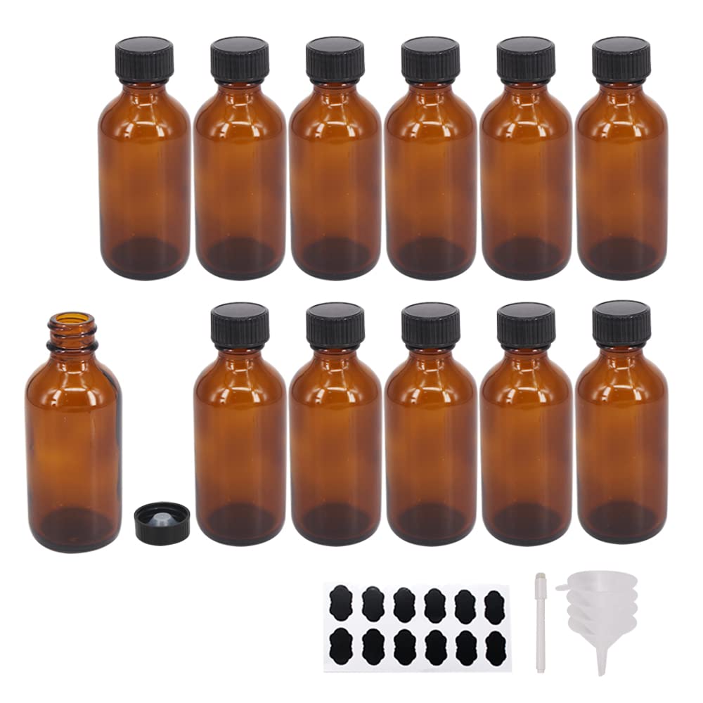 BPFY 12 pack 2oz Amber Boston Glass Bottle With Black Poly Cap, Funnel, Chalk Labels, Pen Dispensing Bottles for Homemade Vanilla Extract, Essential Oils, Herbal Medicine, Wedding Christmas Decor