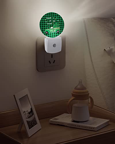 Green Truck Buffalo Plaid Night Lights Plug into Wall, St. Patrick's Day Auto Round LED Lights with Dusk to Dawn Sensor for Bedroom, Bathroom, Hallway, Kitchen, Kids, Home Decor