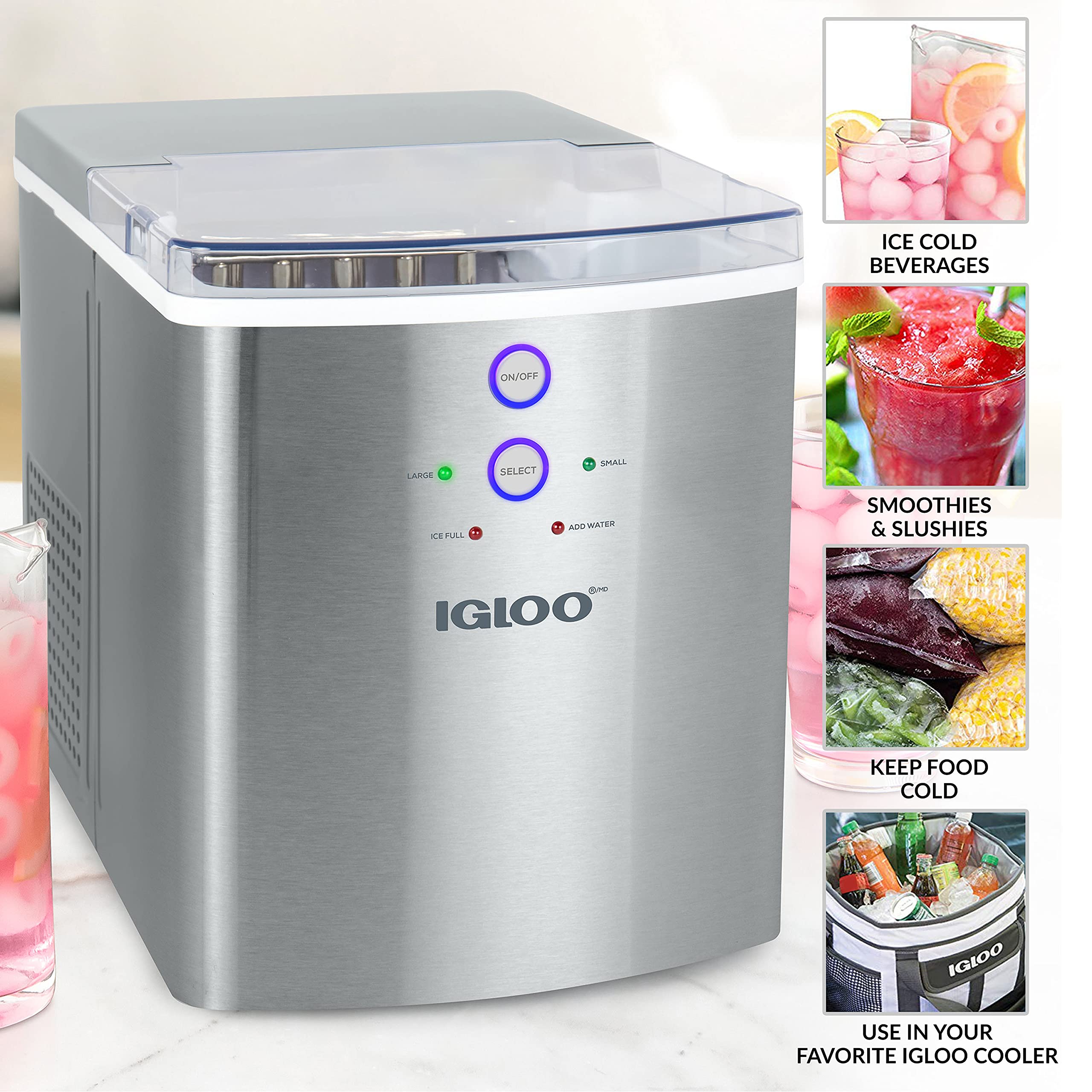 Igloo ICEB33SS Large-Capacity Stainless Steel Automatic Portable Electric Countertop Ice Maker Machine, 33 Pounds in 24 Hours, 9 Cubes Ready in 7 Minutes, with Scoop and Basket