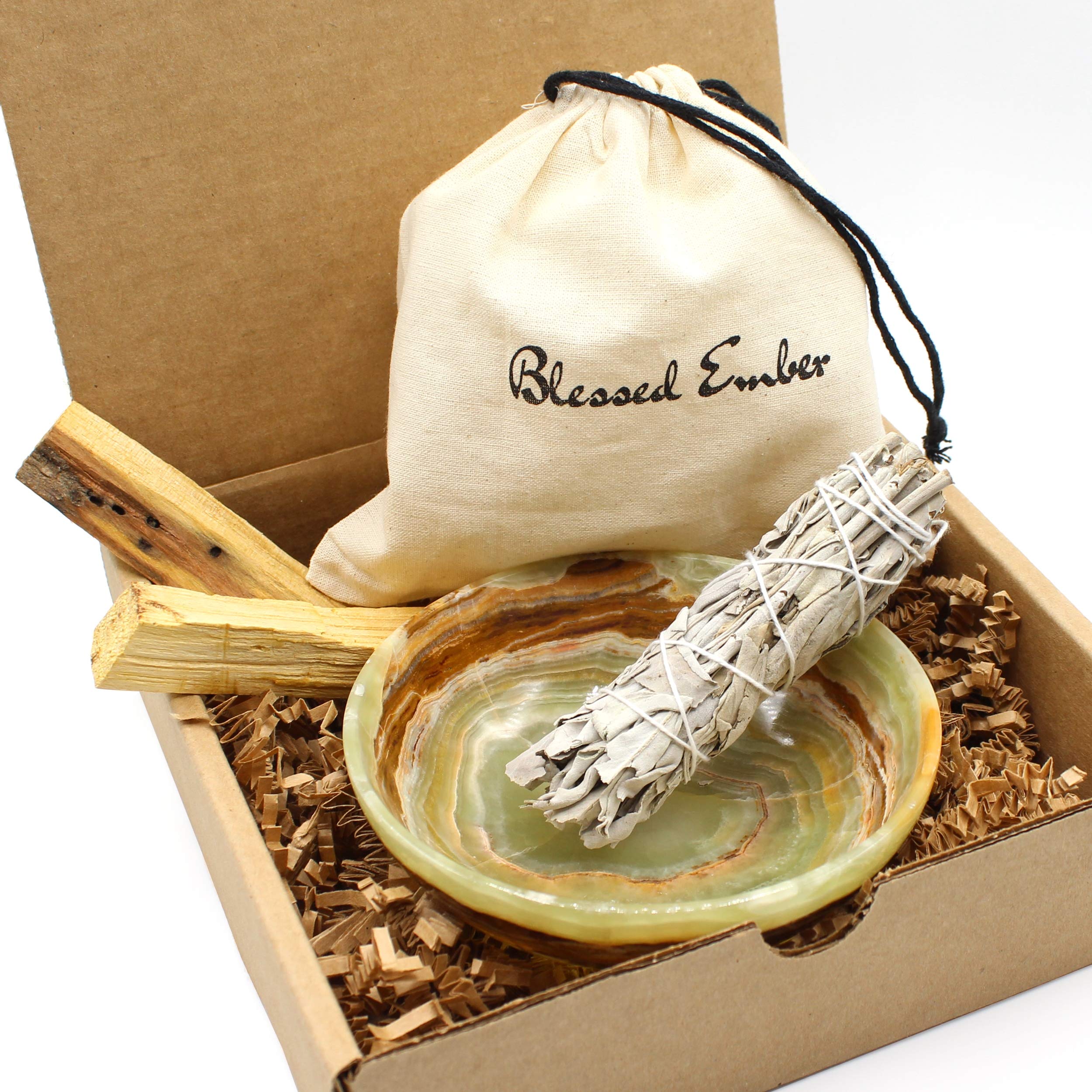 Blessed Ember Natural Stone Green Calcite Crystal Gemstone Smudge Bowl with Garden Sage and 2 Palo Santo Sticks