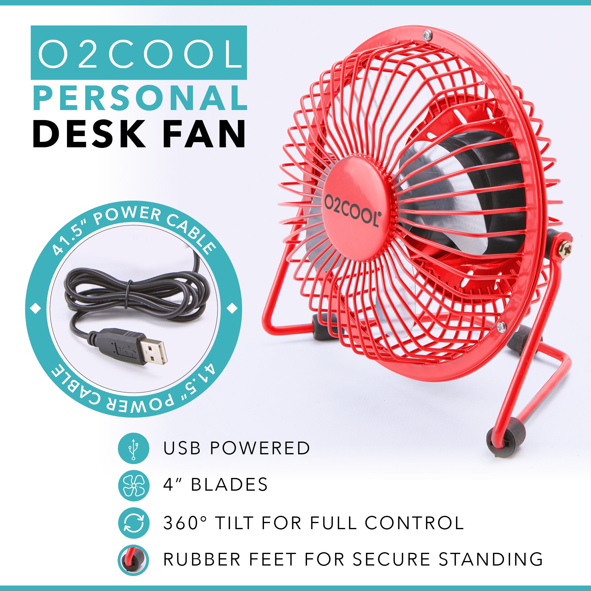 O2COOL 4" USB Personal Desk Fan – Portable Mini Table Cooling Fan - Plugs into Computer - Adjustable 360° Tilt, Quiet, Rubber Grip Feet - Red