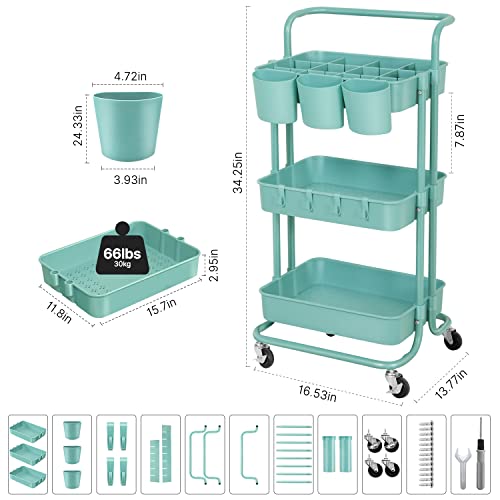 E&D FURNITURE 3 Tier Rolling Storage Cart with Wheels, Utility Art Craft Supply Cart Organizer on Wheels, Multipurpose Adjustable Makeup Cart Hair Salon Trolley with Handle & Hanging Cups Blue