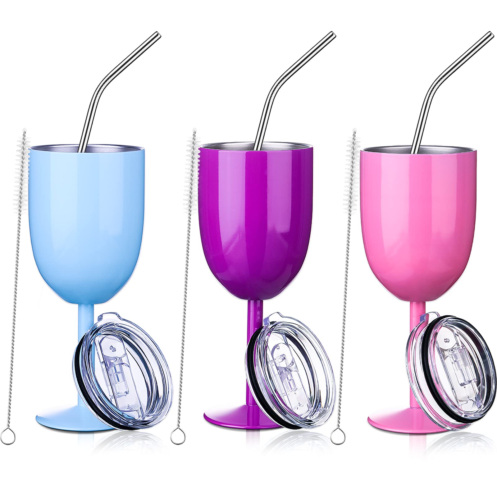 Geiserailie Stemmed Stainless Steel Wine Glasses with Lid Double Wall Insulated Wine Tumbler Unbreakable Goblets with Drinking Straw and Straw Brush, 10 oz(Black, White, Silver,3 Pieces)