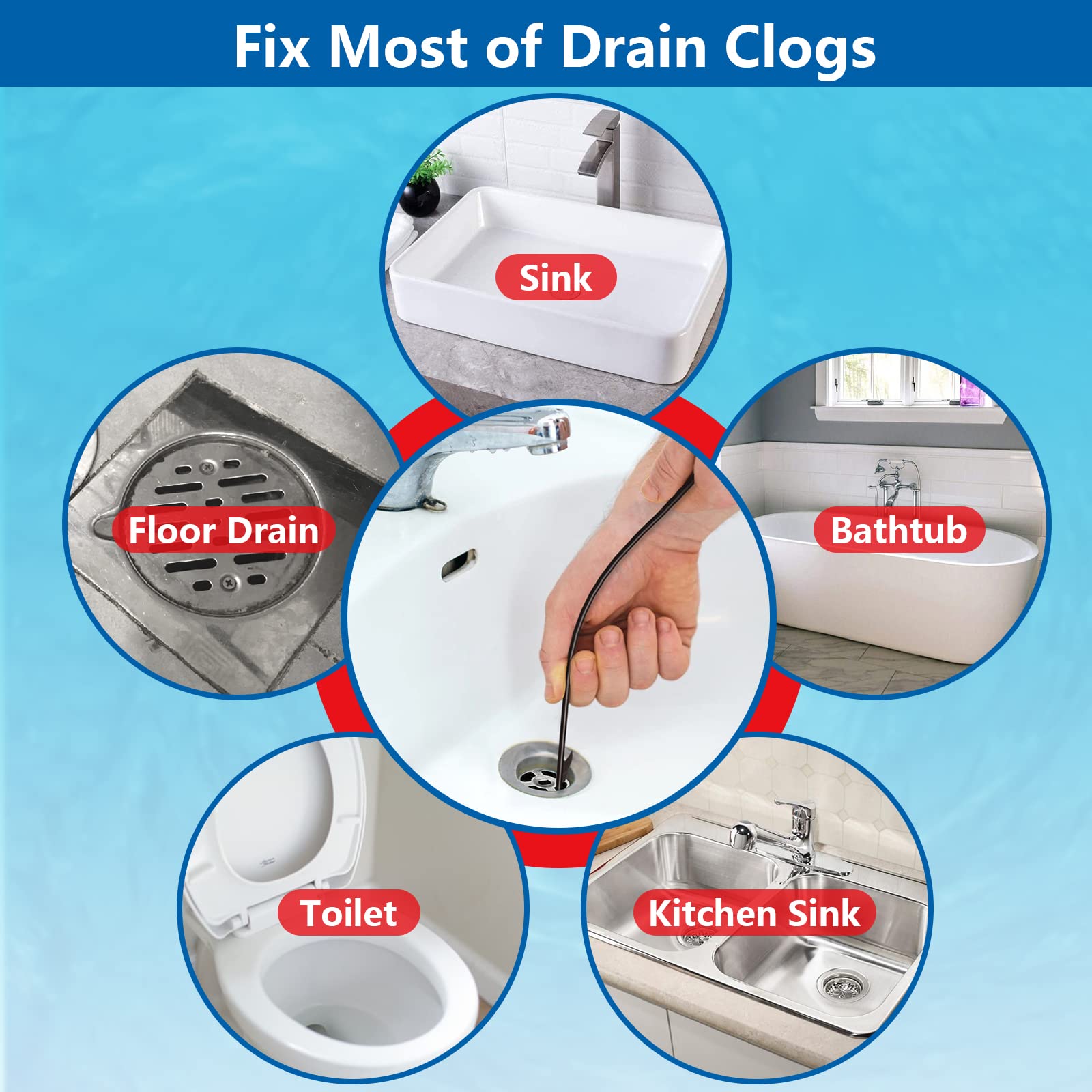 Drainsoon 30 Inch Long Sink Snake Drain Clog Remover, Upgraded Anti-Break Nylon Plumbing Snake Drain Auger Hair Catcher for Bathroom Shower Pipe, Bathtub Hair Clogs, Kitchen Drain Cleaning (5 Pack)